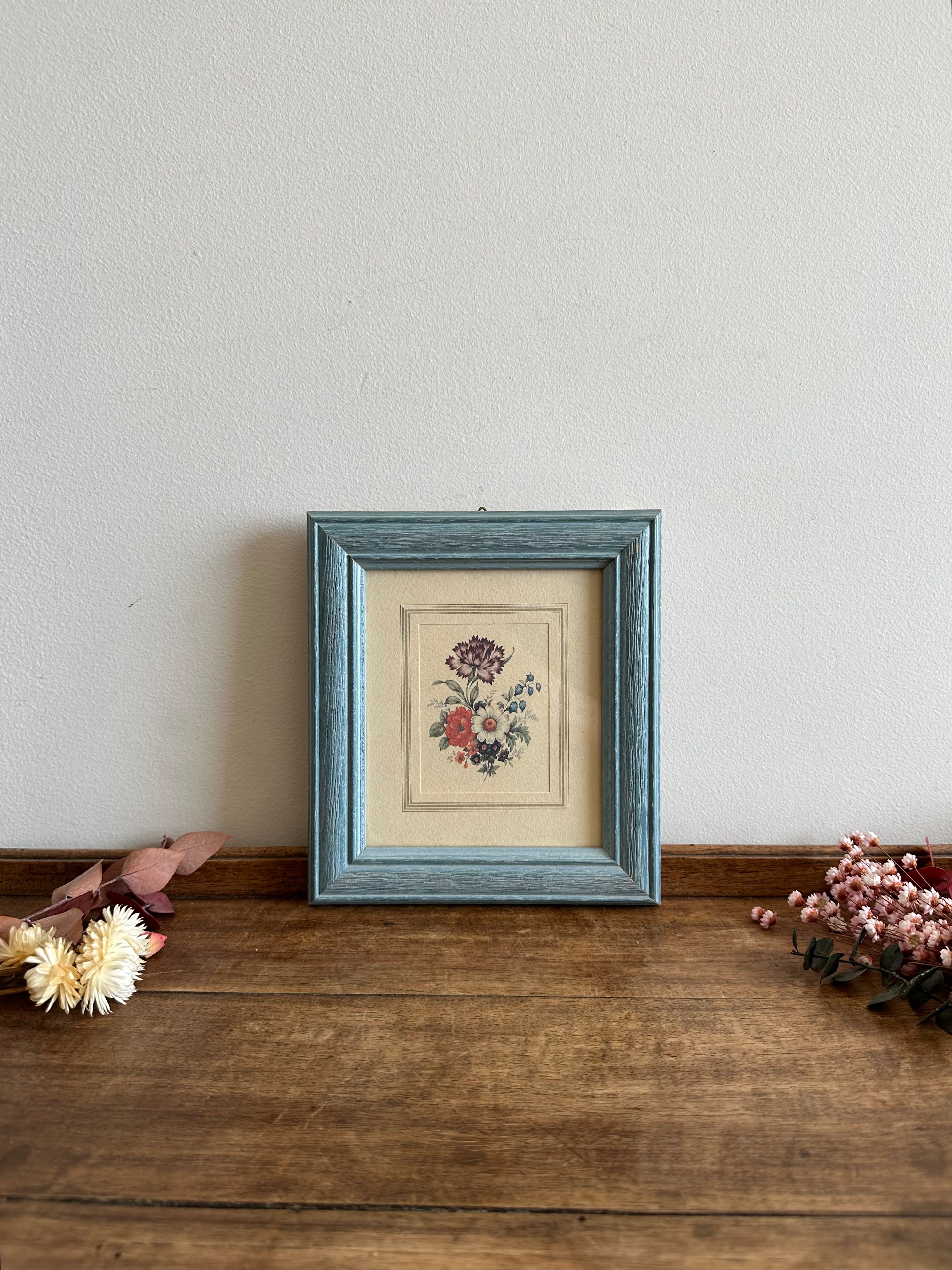 Représentation florale dans cadre en bois bleu | Ma Cabane Vintage