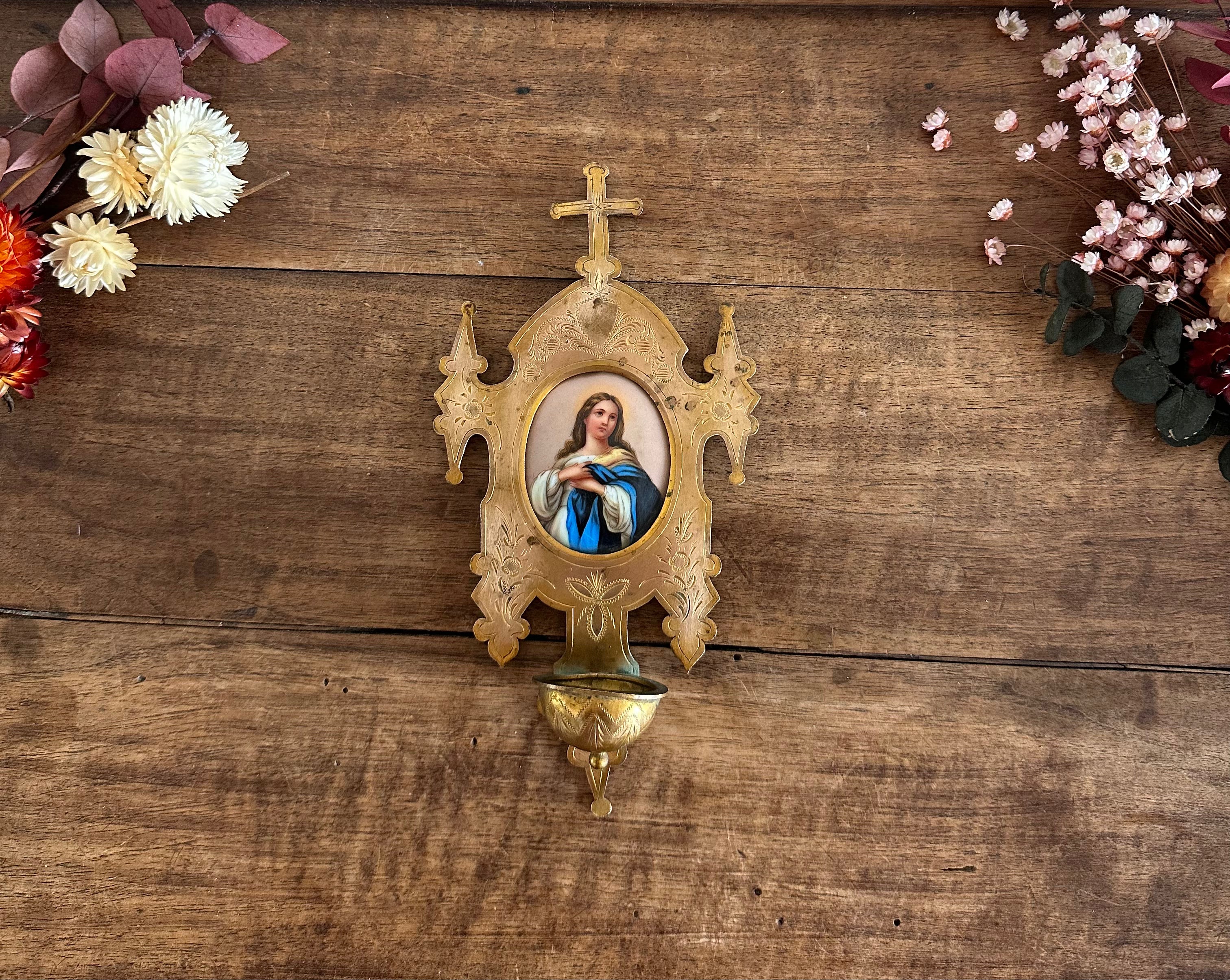 Bénitier en laiton et porcelaine émaillée XIXème | Ma Cabane Vintage